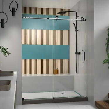 DreamLine Enigma Air 56-60 in. W x 76 in. H Frameless Sliding Shower Door in Brushed Stainless ...
