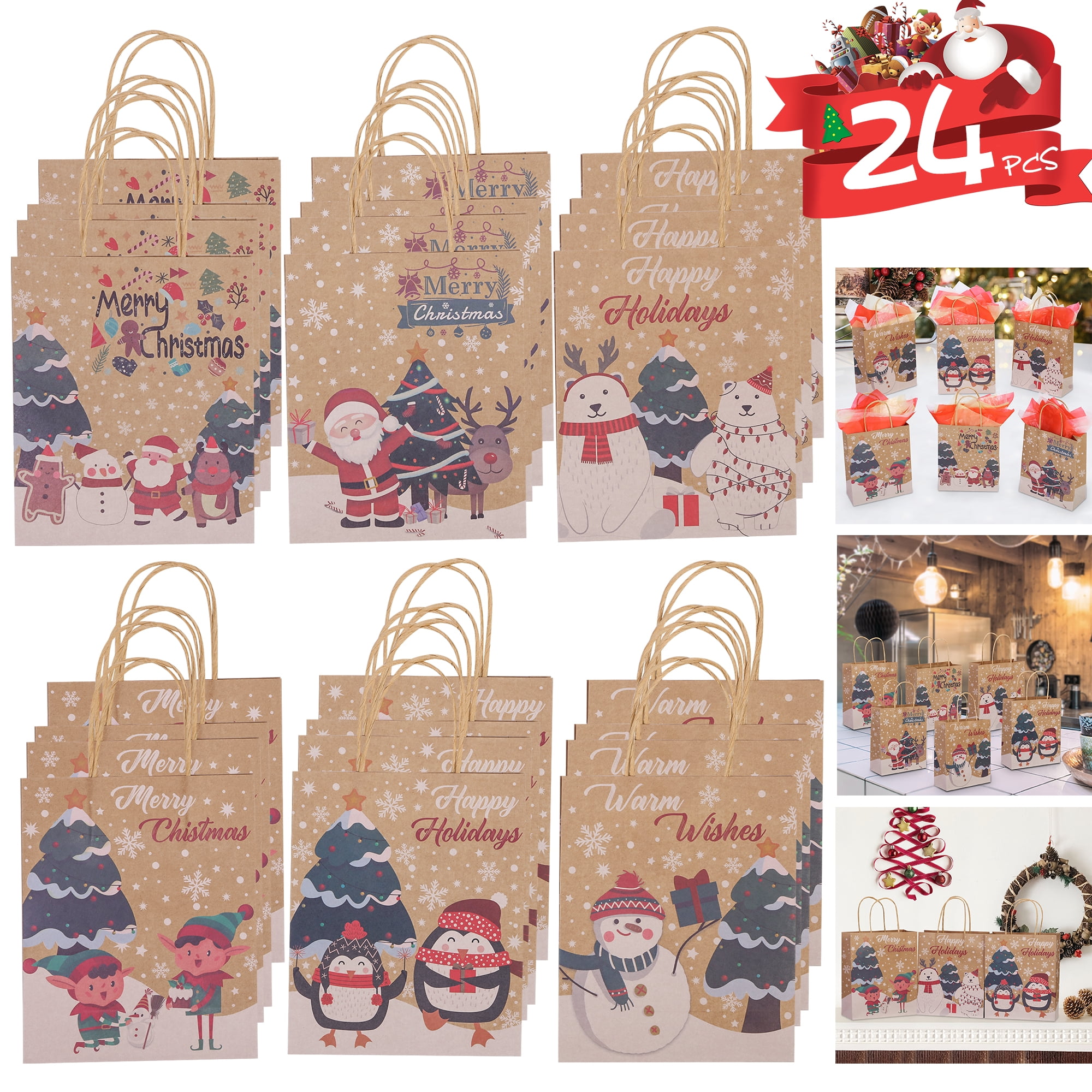 24-Pack Christmas Gift Bags, Christmas Kraft Paper Bags, with Handles ...