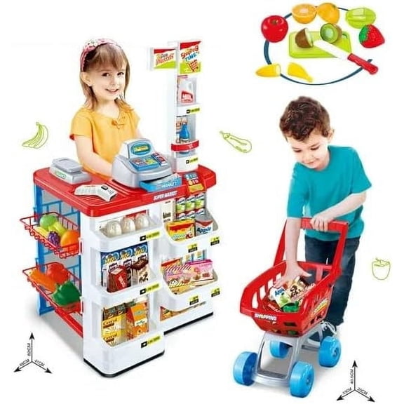 Supermarket Play Set Plastic Toy w/ Shopping Cart Coffee Shop 54 Pcs ...