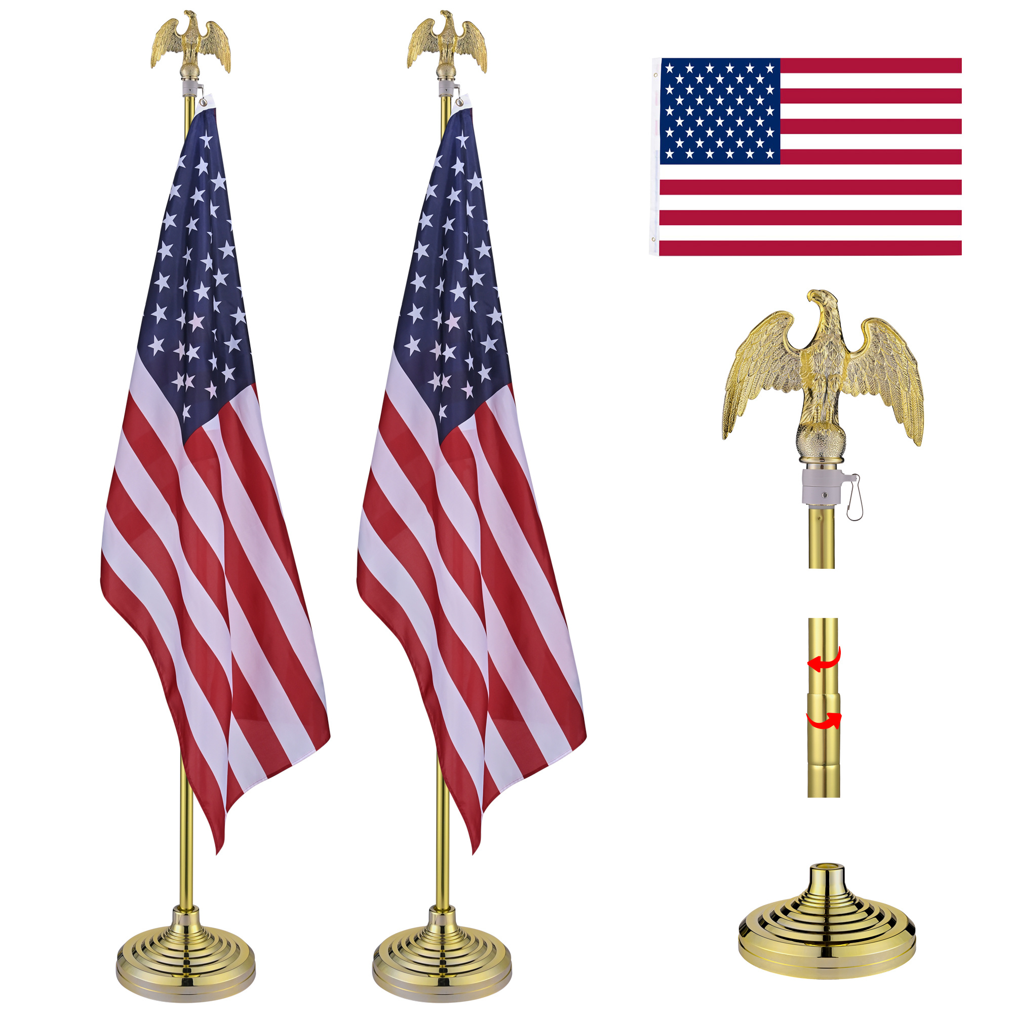 EEPHO 8FT Golden Telescoping Al Flag Pole With US Flag & Ball/2pcs ...