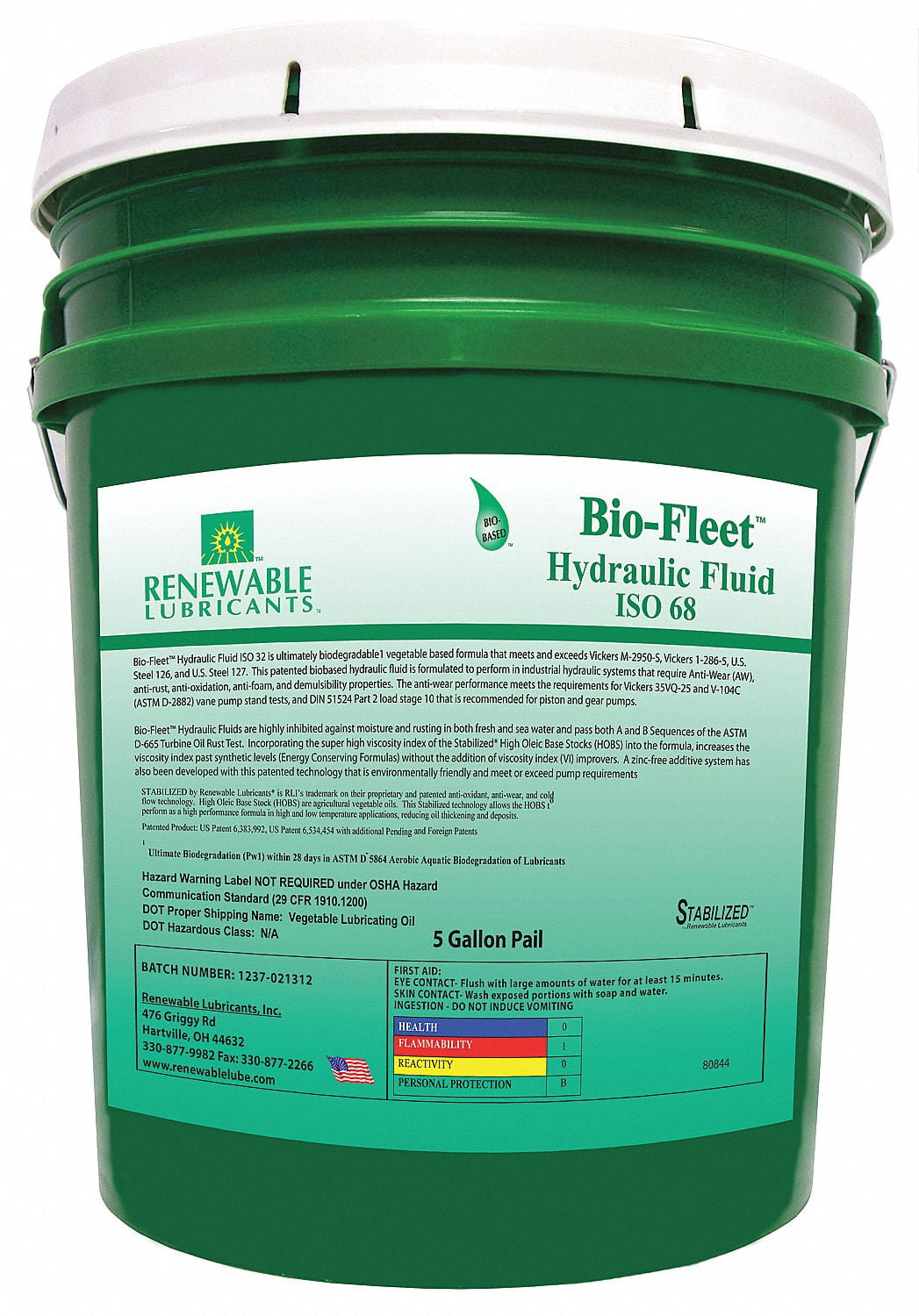 Renewable Lubricants Biodegradable Hydraulic Oil,5 Gal,ISO 68 80844 ...