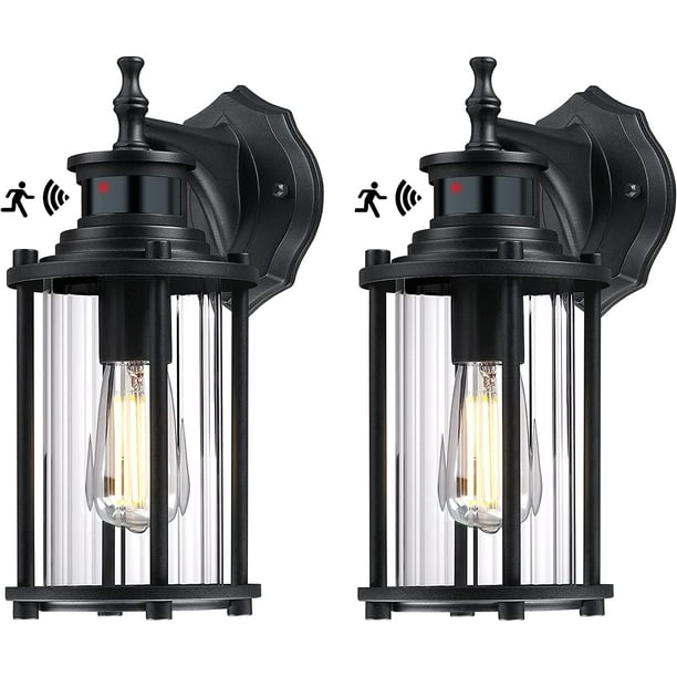 2-Pack Black Motion Sensor Outdoor Wall Mount Light with Ribbed Glass ...