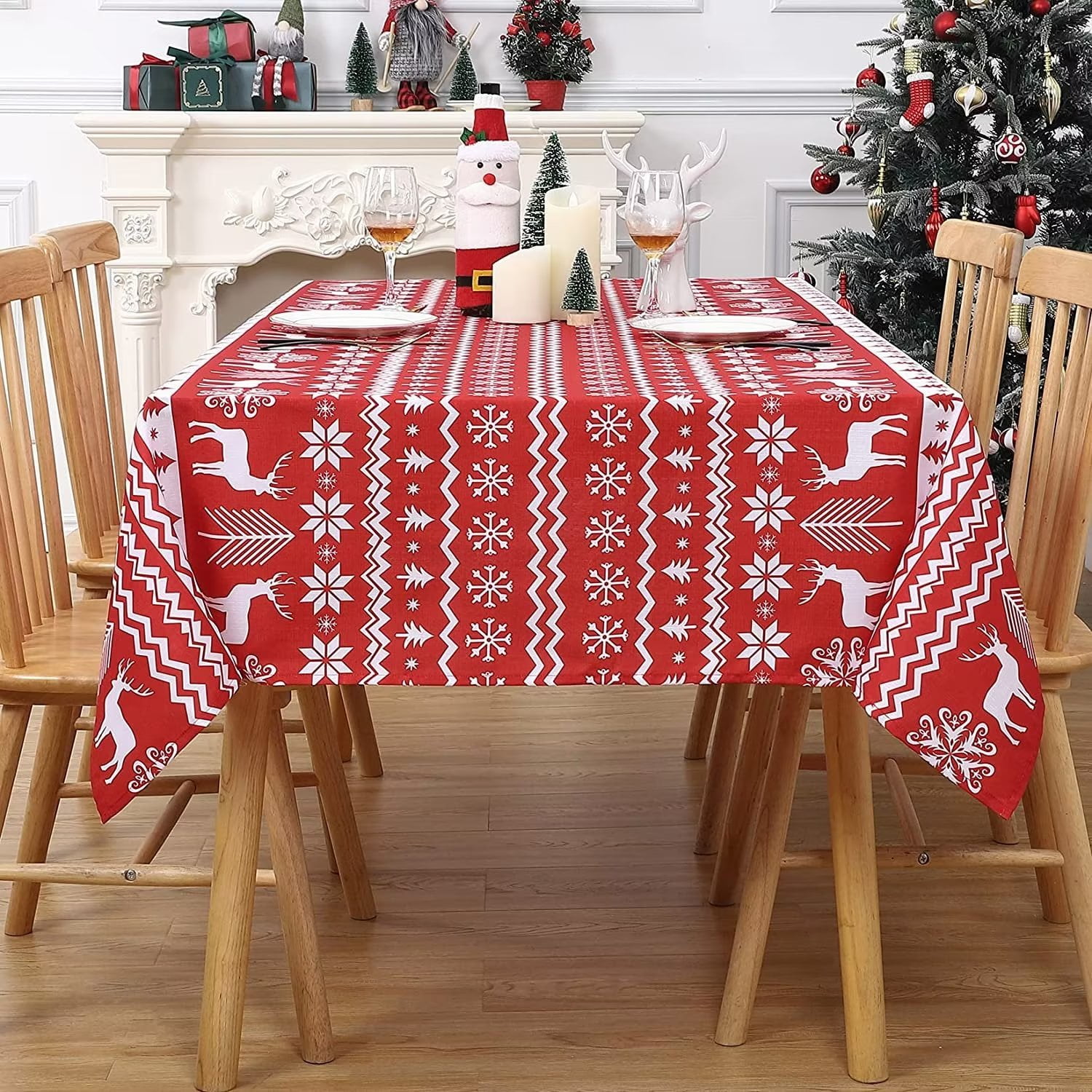 ZACOO 60"x84" Red Christmas Fabric Tablecloth, Xmas Tree Reindeer and ...