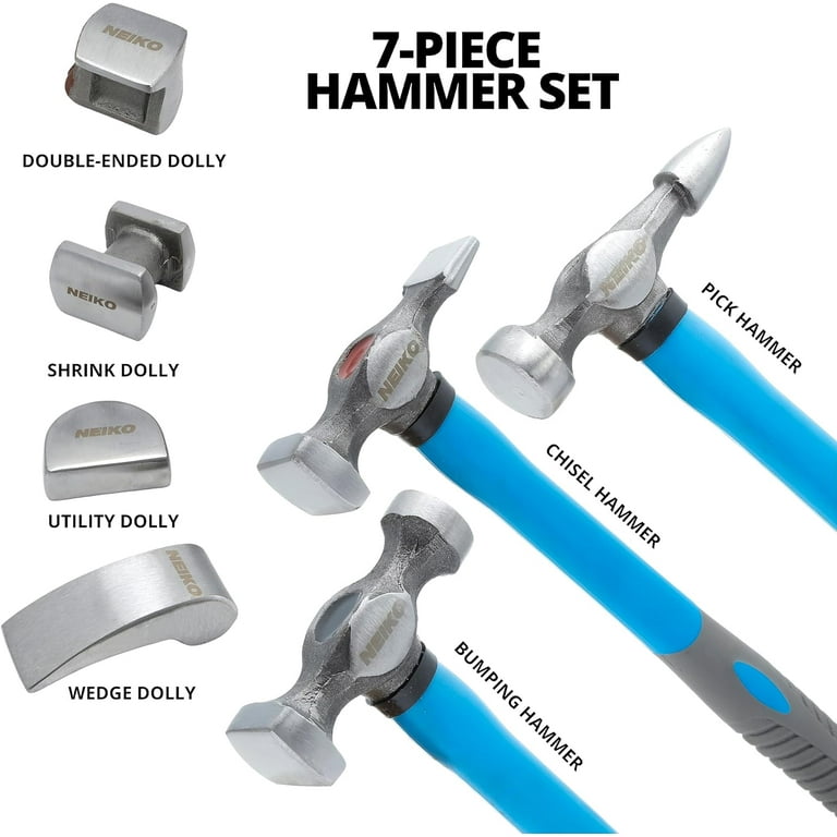 Neiko 20730A Auto Body Repair Hammer and Dolly Set Auto Body Repair Tools 7 Piece Auto Body Hammer Metal Forming Tools Set Fender Roller Auto Body