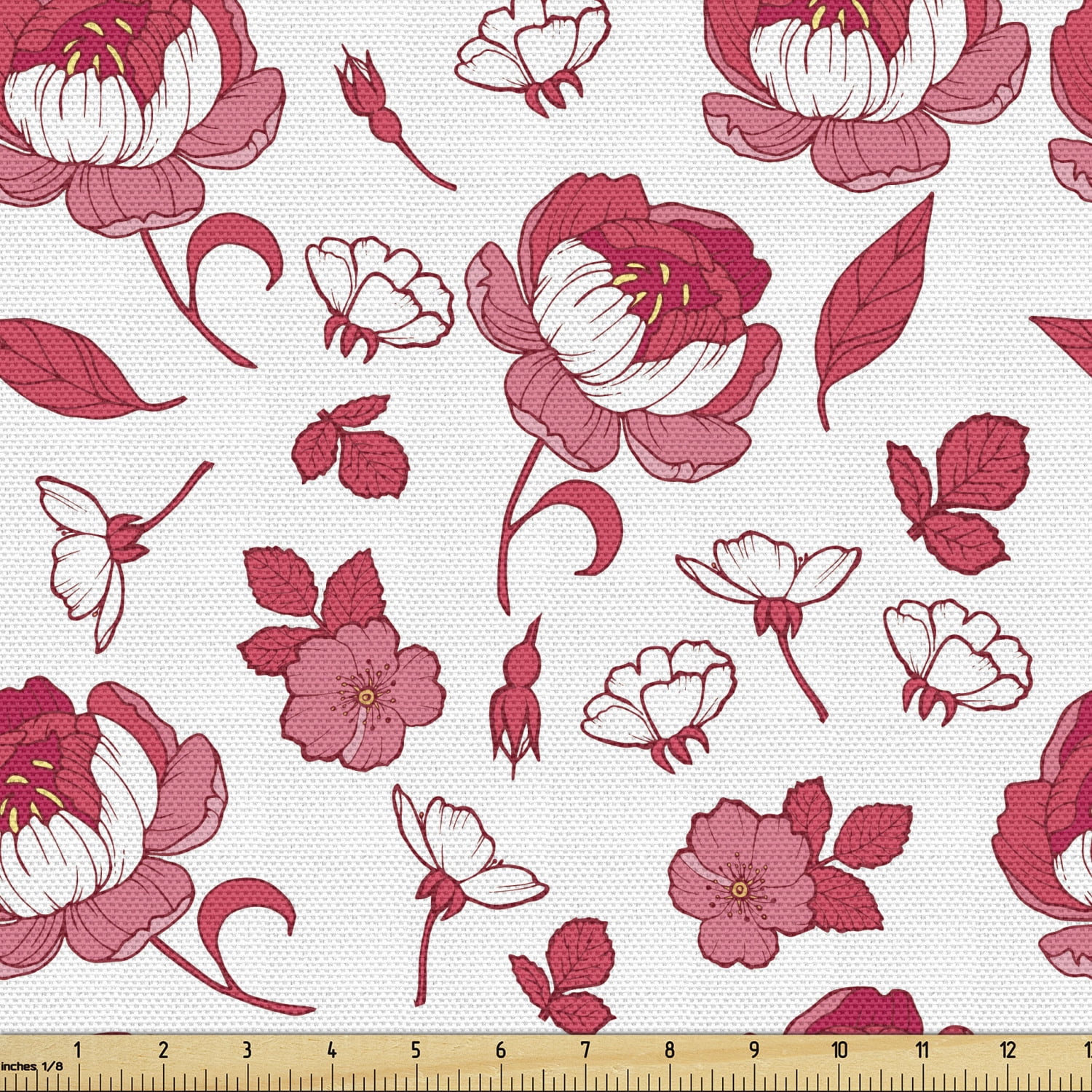 Flowers Fabric by the Yard, Floral Theme Pinkish Peonies Pattern with ...