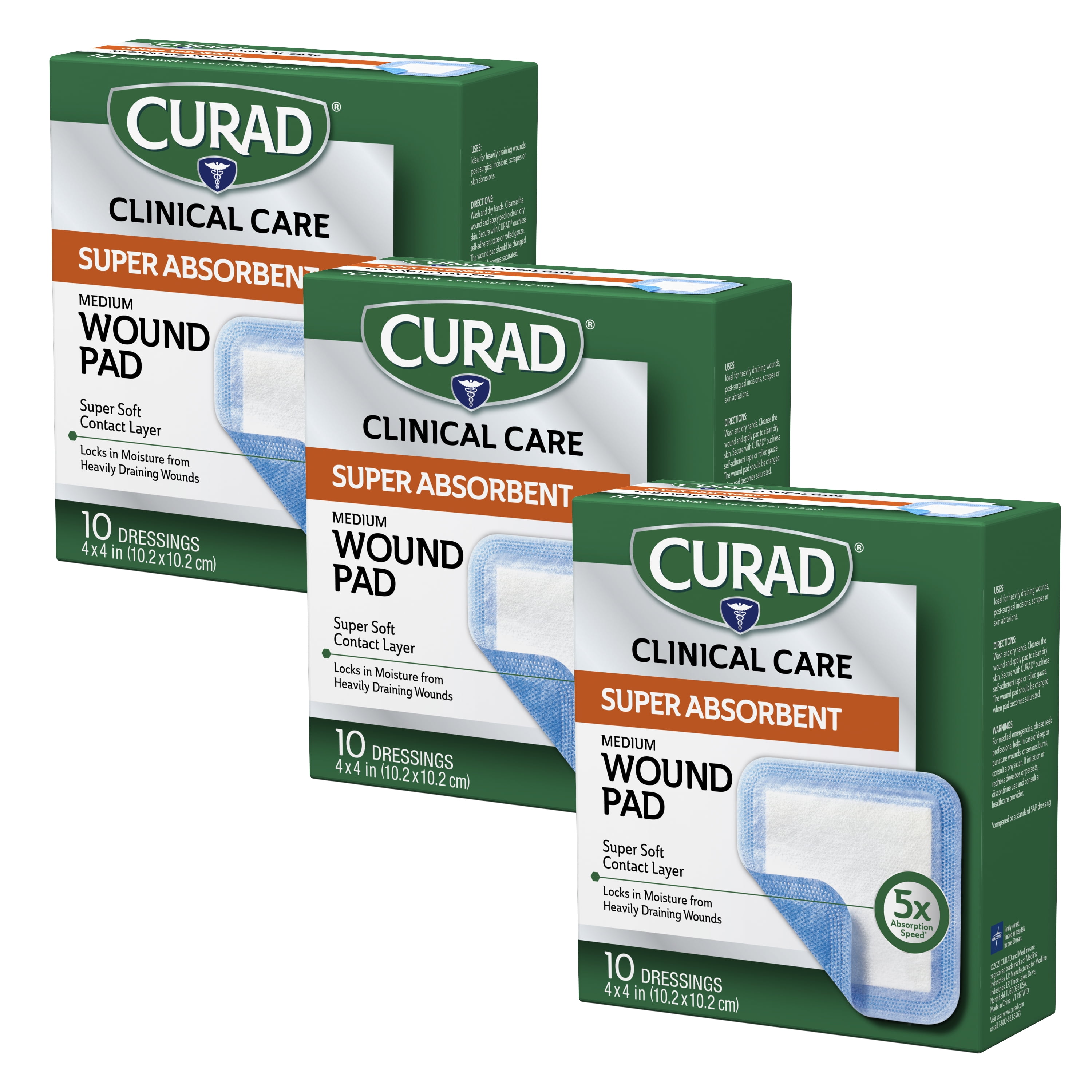 Curad Super Absorbent Wound Pad, Medium, 4" x 4", 10 Count, 3 Pack ...
