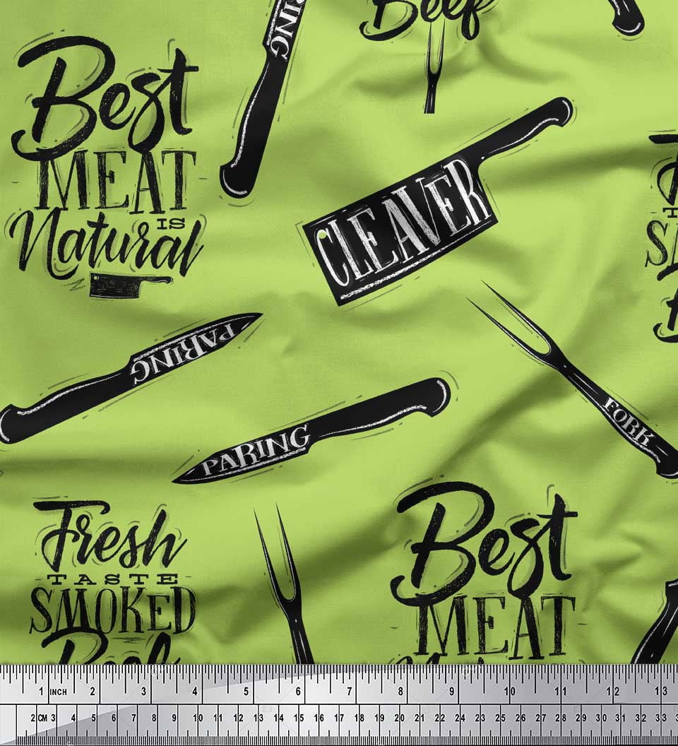 Soimoi Green Velvet Fabric Text & Knife Kitchen Print Fabric by the ...
