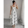 Black Floral Print Waist-Gathering Pleated A-Line Maxi Dress For Women ...