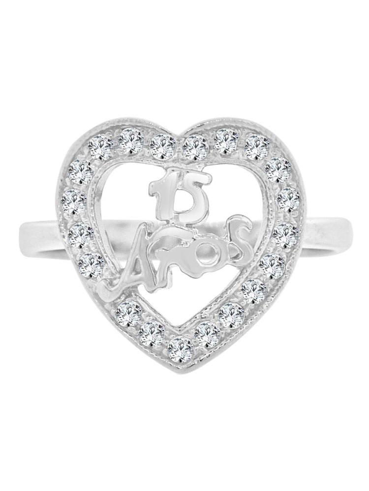 Sterling Silver White Rhodium, Heart Design 15 Anos Quinceanera Ring ...