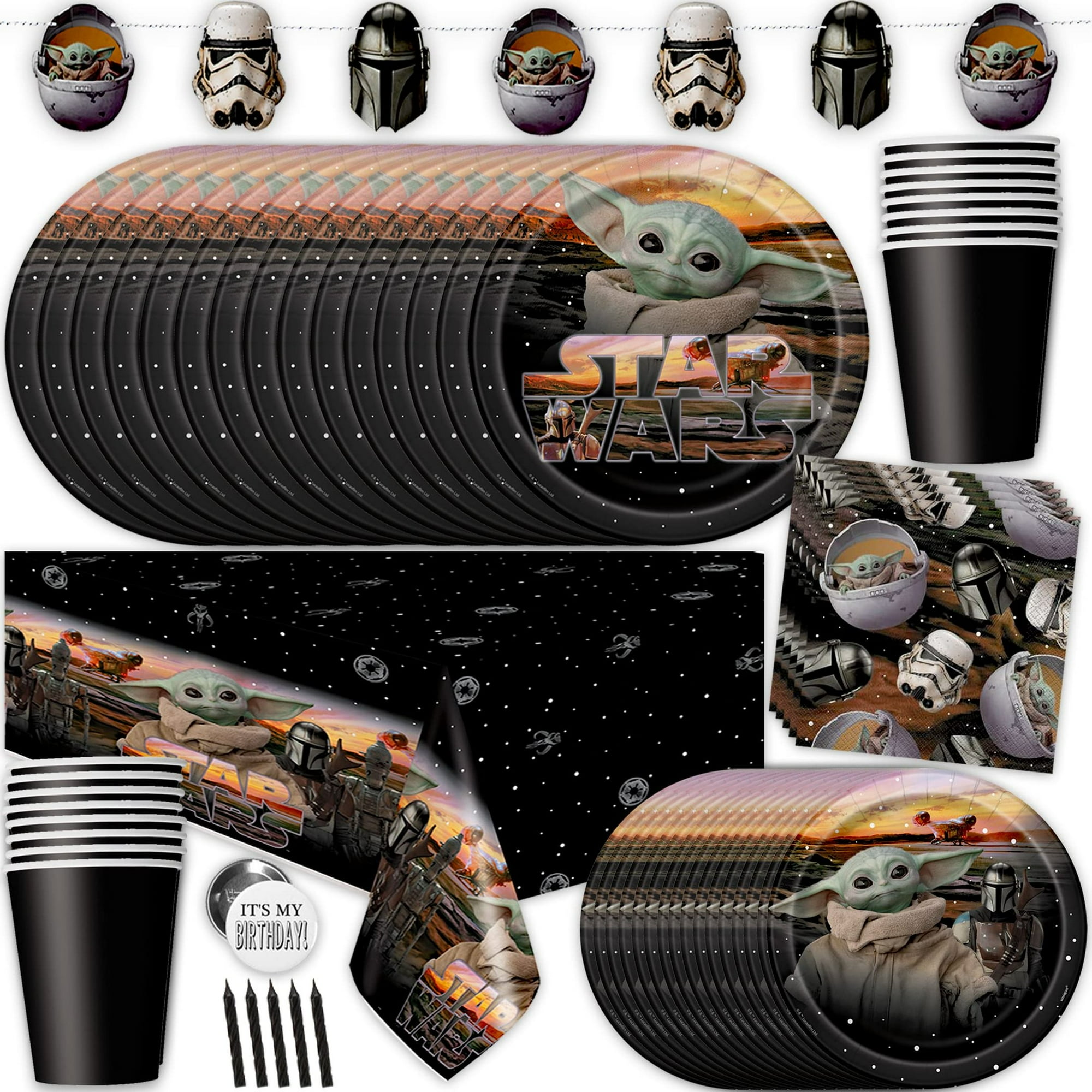 Galactic Baby Yoda Celebration Kit Complete Mandalorian Party Set for 16 Guests with Banner Table Cover Plates Cups Napkins Button The Ultimate Star Wars Birthday Decorations Walmart