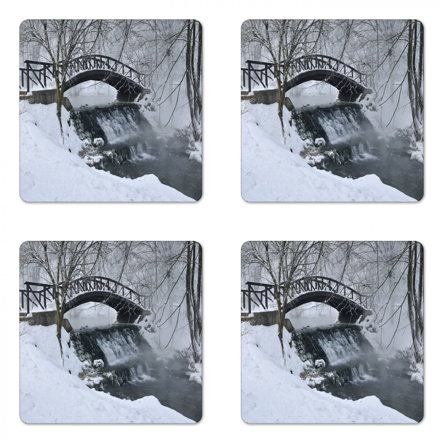 Winter Coaster Set of 4, Snow Season Photography Small Wooden Bridge ...