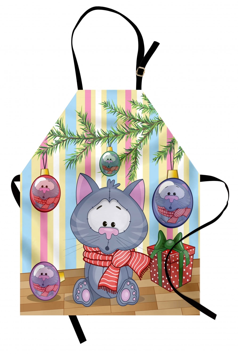 Christmas Apron Kitten with Scarf under the Tree with Ball Celebration ...