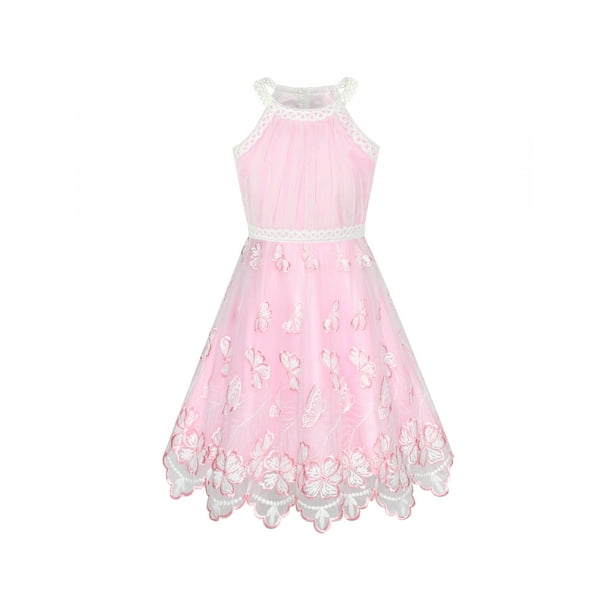 Girls Dress Pink Butterfly Embroidered Halter Dress Party 7 Years ...