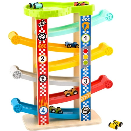 TOOKYLAND Wooden Car Ramp Racer Toy, Toddler Race Track Toy with 6 Mini ...
