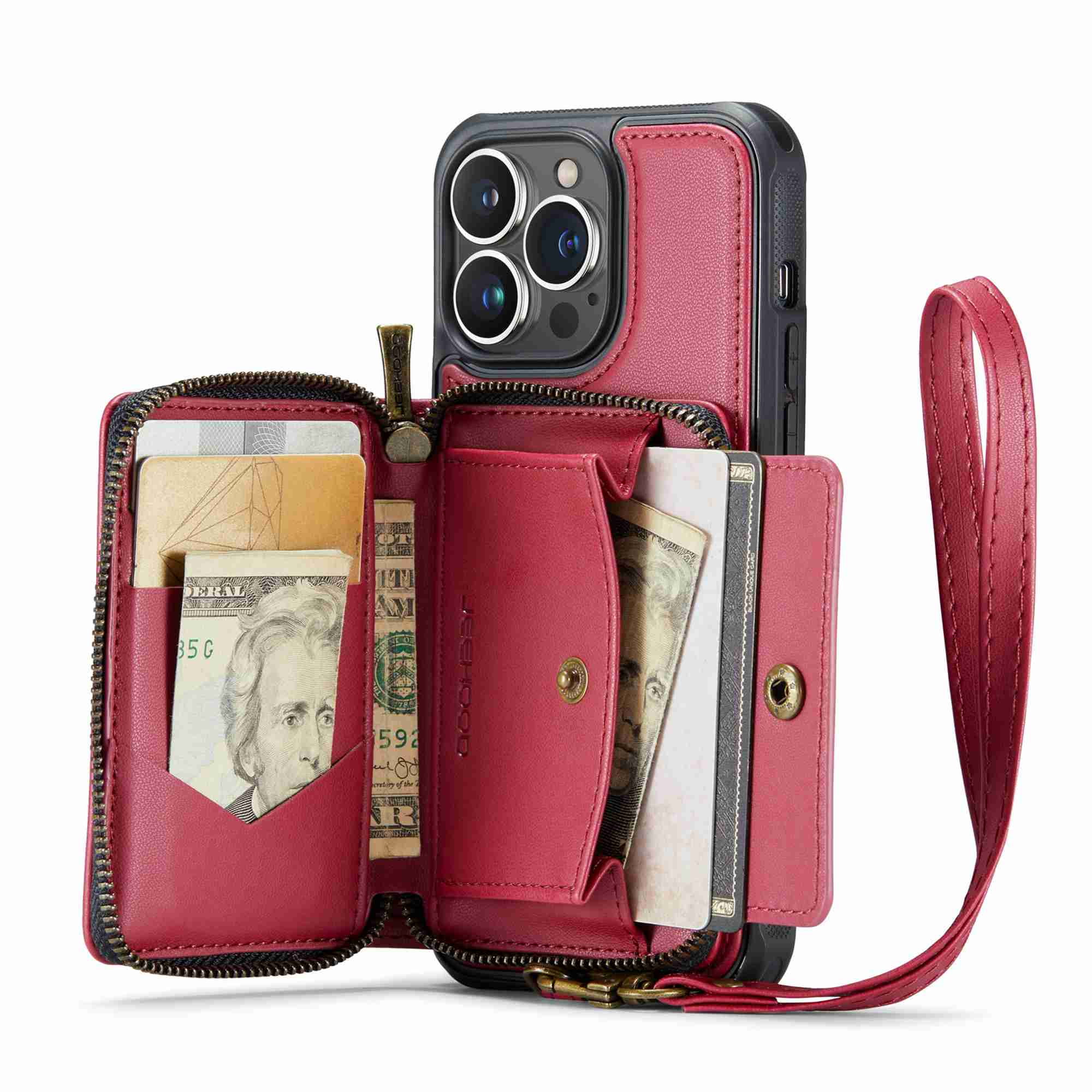 iPhone 12 Pro Max Wallet Case with Strap, Magnetic Back Zipper Case ...