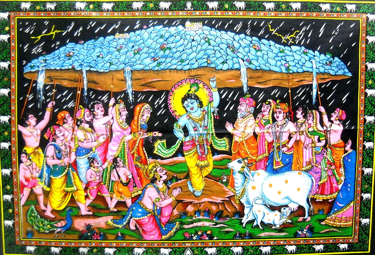 Crafts of India Krishna lifting Goverdhan Batik Cotton Wall Hanging ...