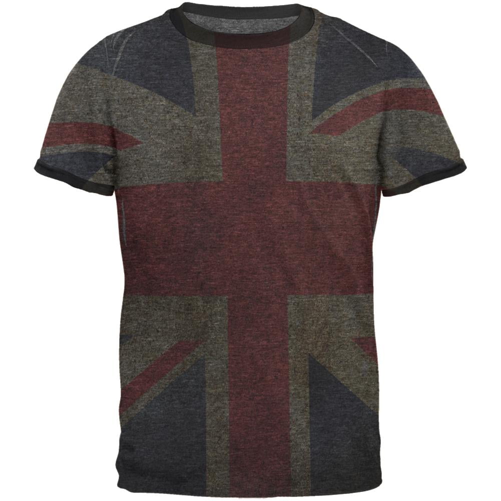 British Flag Union Jack Grunge Mens Ringer T Shirt Heather-Black LG ...