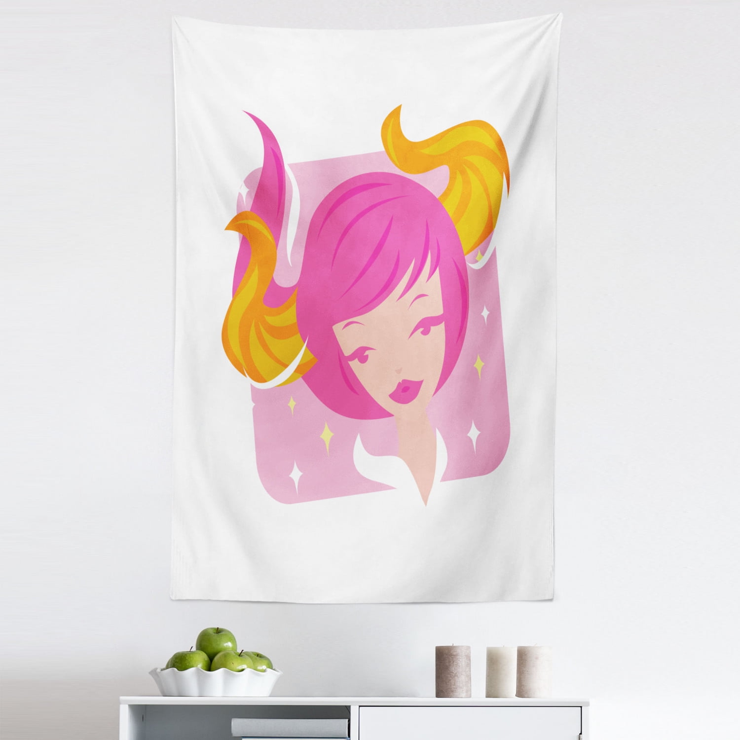 Zodiac Taurus Tapestry, Abstract Woman Illustration Pink Hair and ...