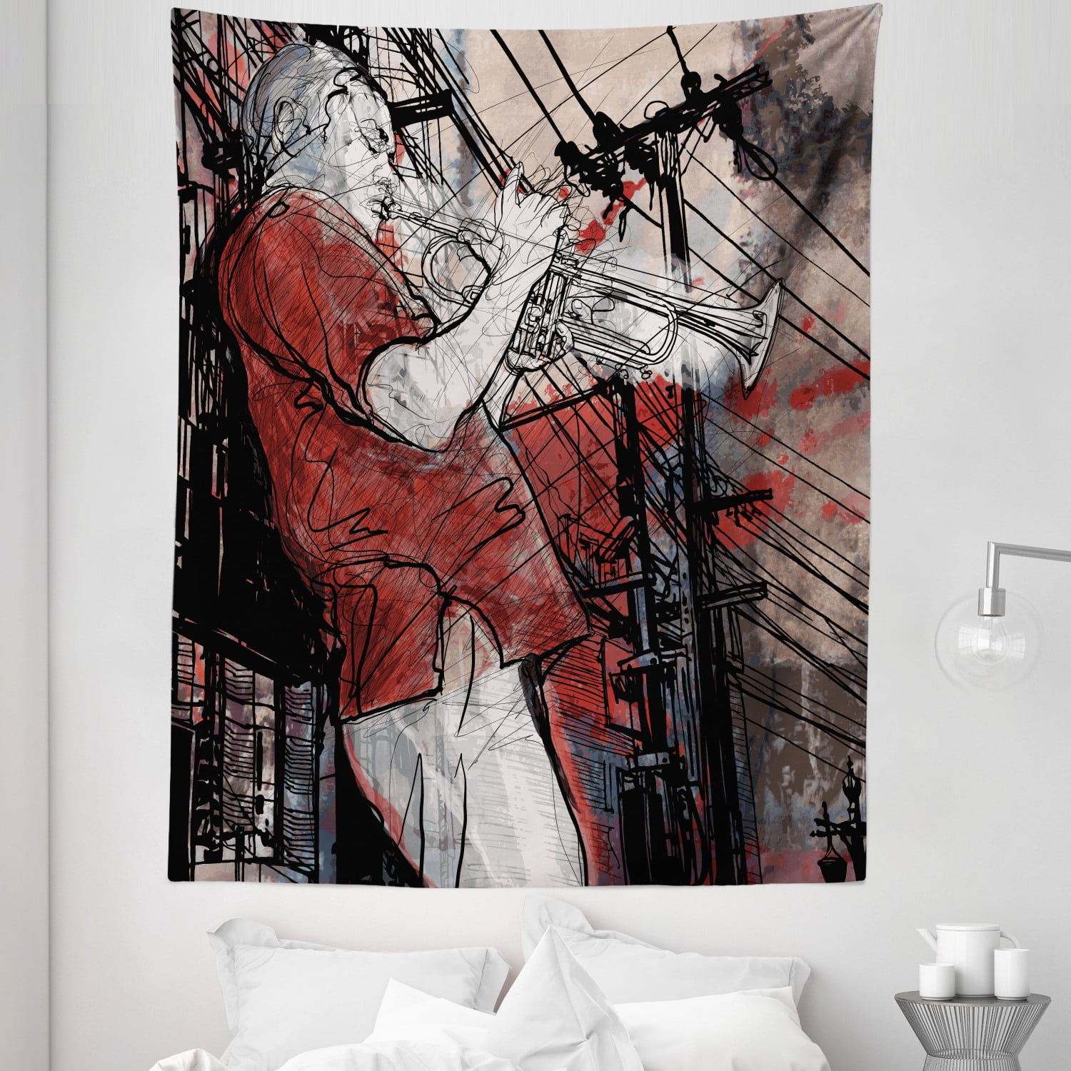 Music Tapestry, Trumpet Musician on Grunge Cityscape Background in the ...