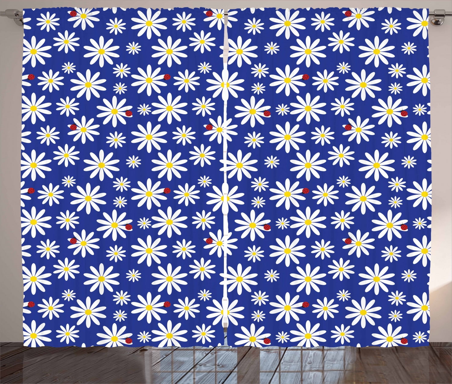 Ladybugs Curtains 2 Panels Set, Daisies Pattern with Spring Bugs ...