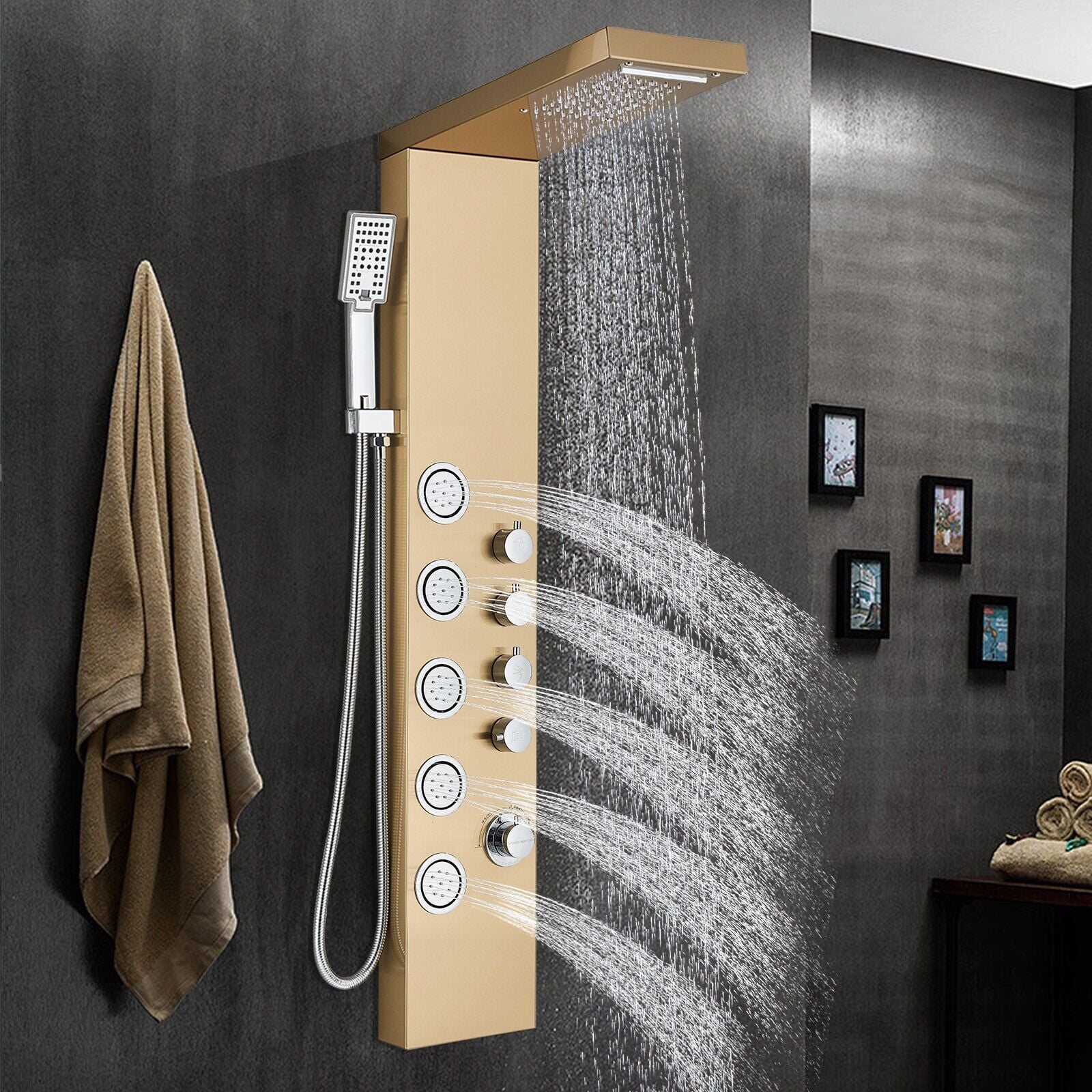 feetron Brushed Gold Stainless Steel Shower Panel Tower System ...