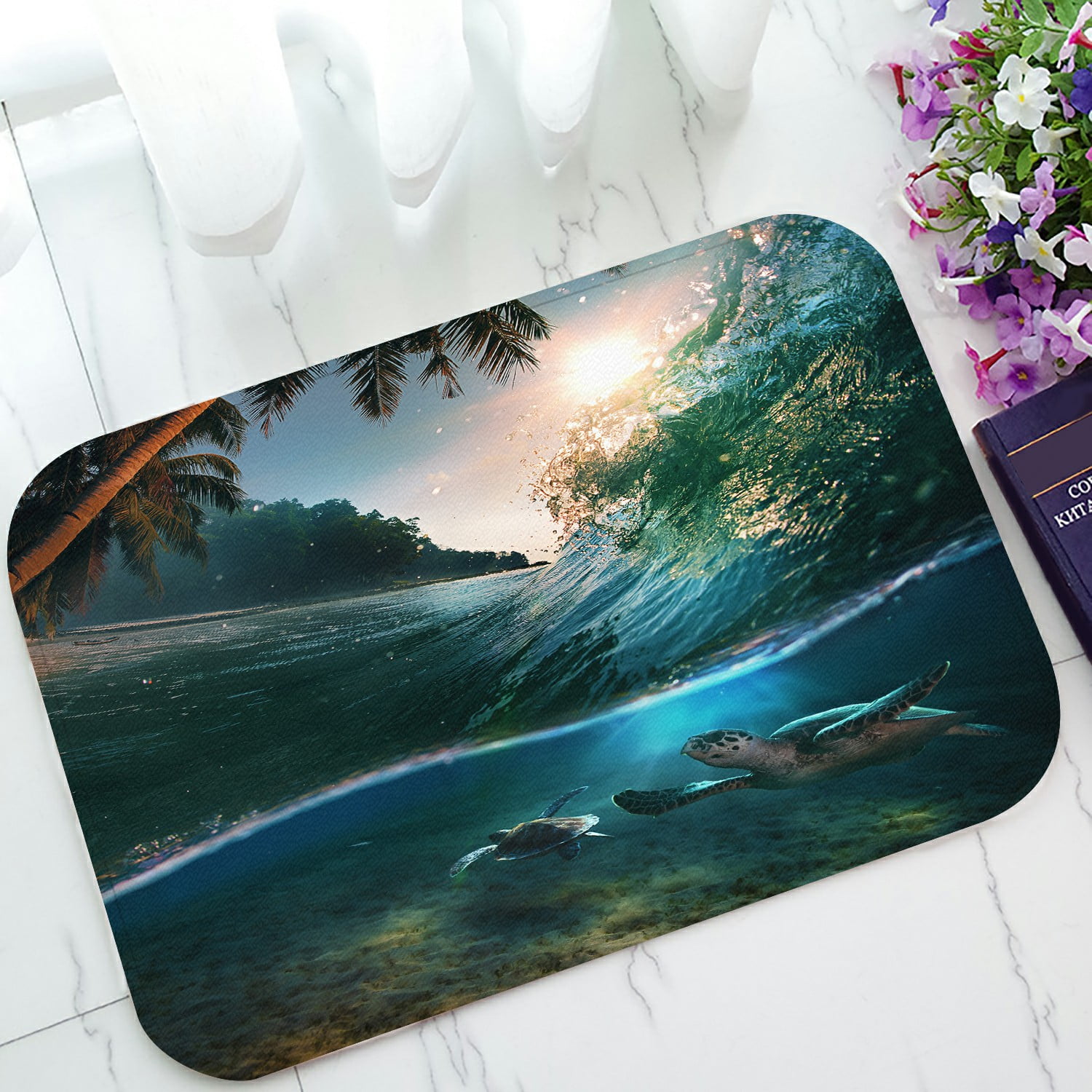 ECZJNT Tropical paradise sunlight Ocean surfing wave two turtles ...