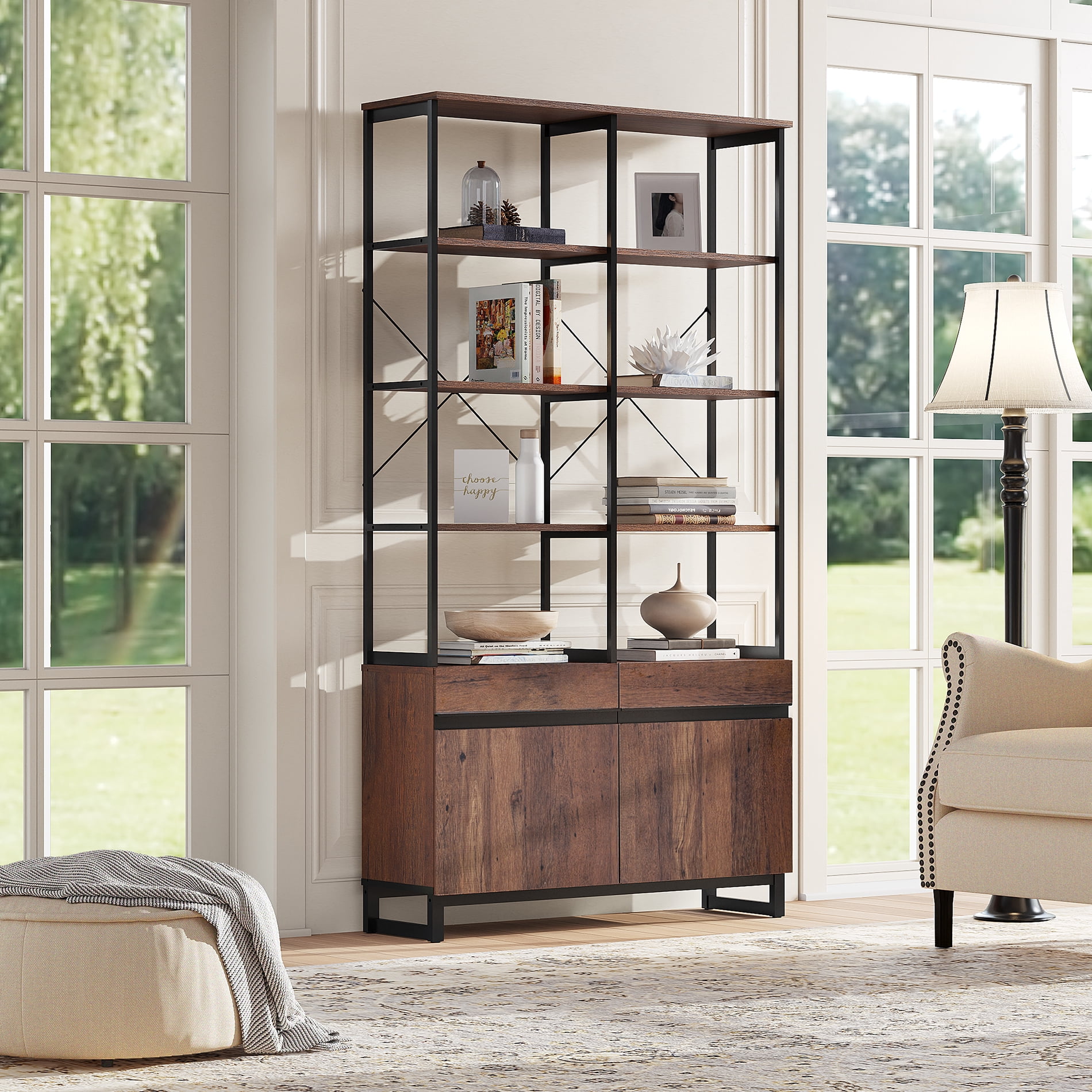 WAMPAT Industrial Bookshelf with Storage Cabinet, Multipurpose Bookcase ...