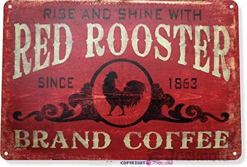 Wall Tin Sign Coffee Red Rooster Metal Decor Art Kitchen Store Bar Tin ...