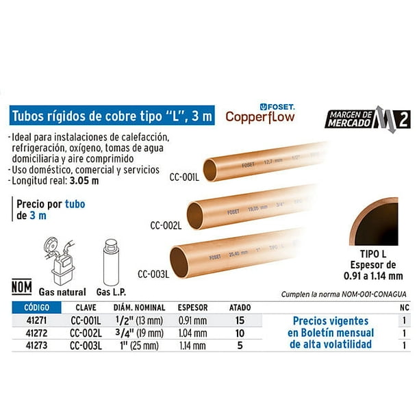 Tubo cobre tipo 'L', 1/2', 3 metros Foset Tubo cobre tipo 'L', 1/2', 3 ...