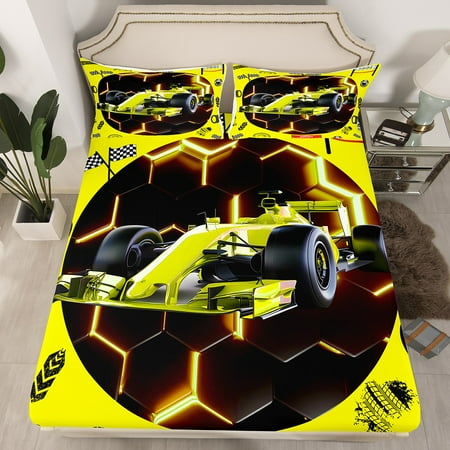 YST Yellow Race Car Fitted Sheet Full Neon Honeycomb Racing Car Games ...