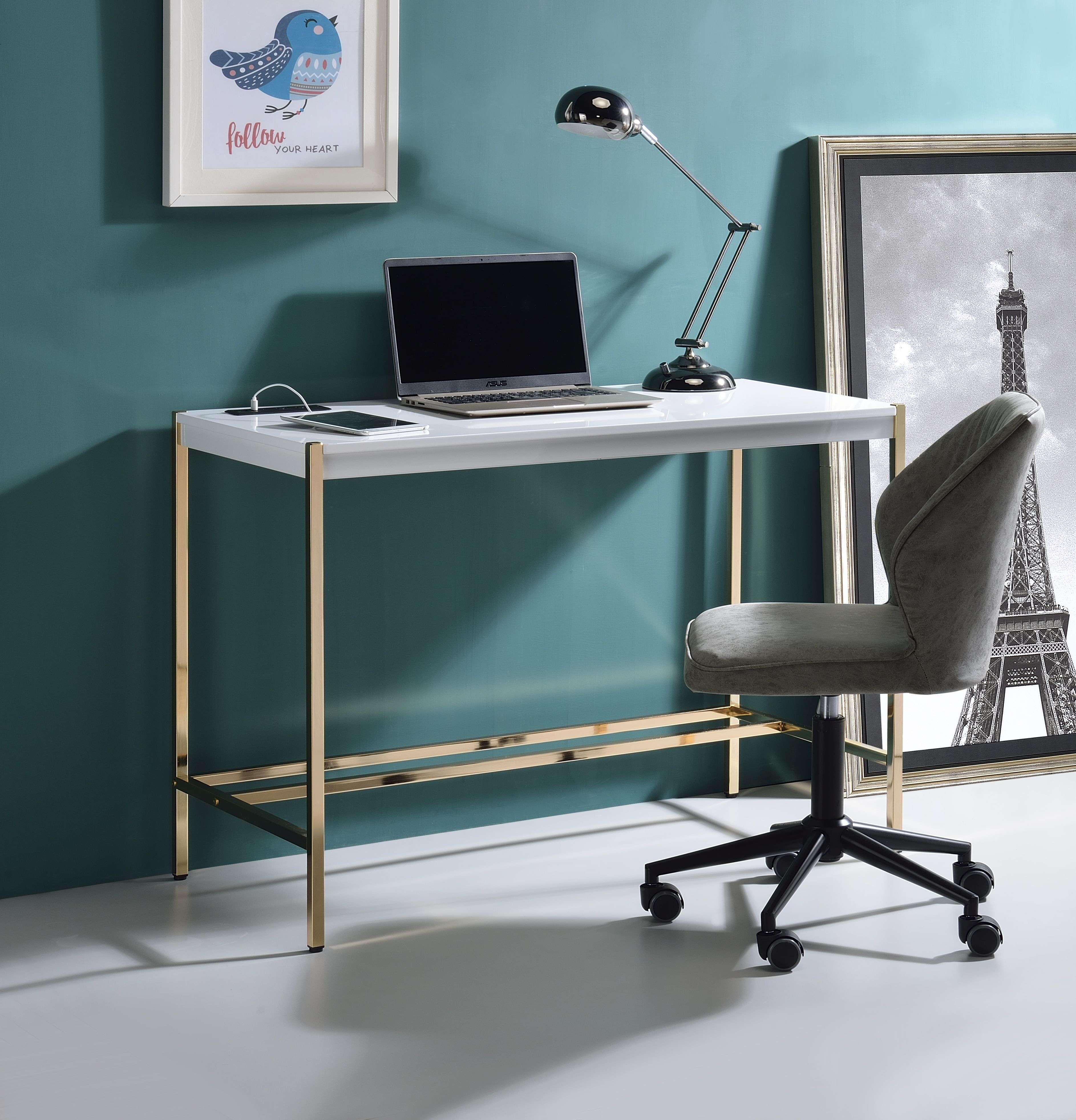 Modern Writing Desk with USB Ports & Power Outlet, Stable Metal Frame ...