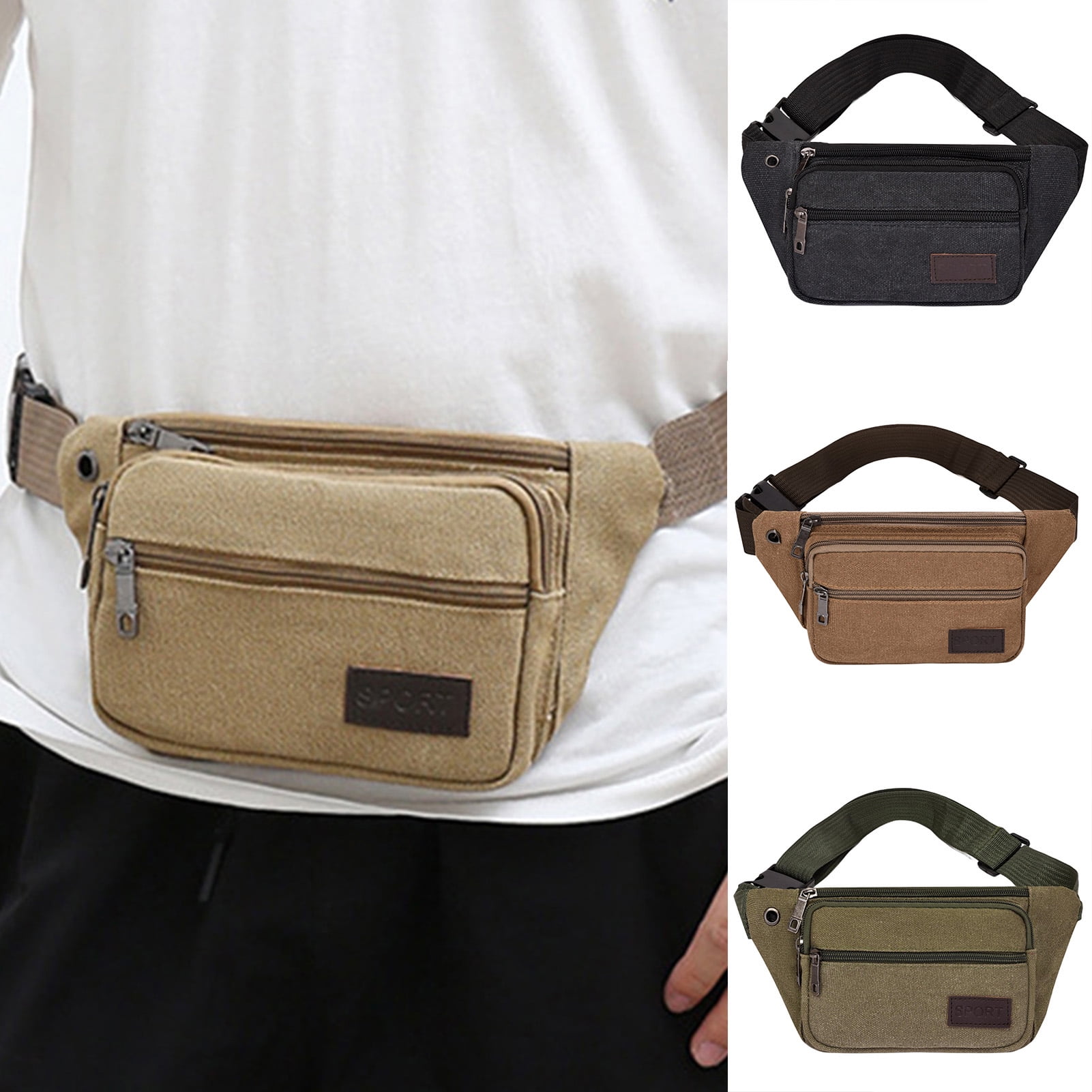 Unbranded Waist Bag Large Capacity Water Repellent Adjustable Anti-Scratch Canvas Casual Large Phone Belt Bag Outdoor Sports