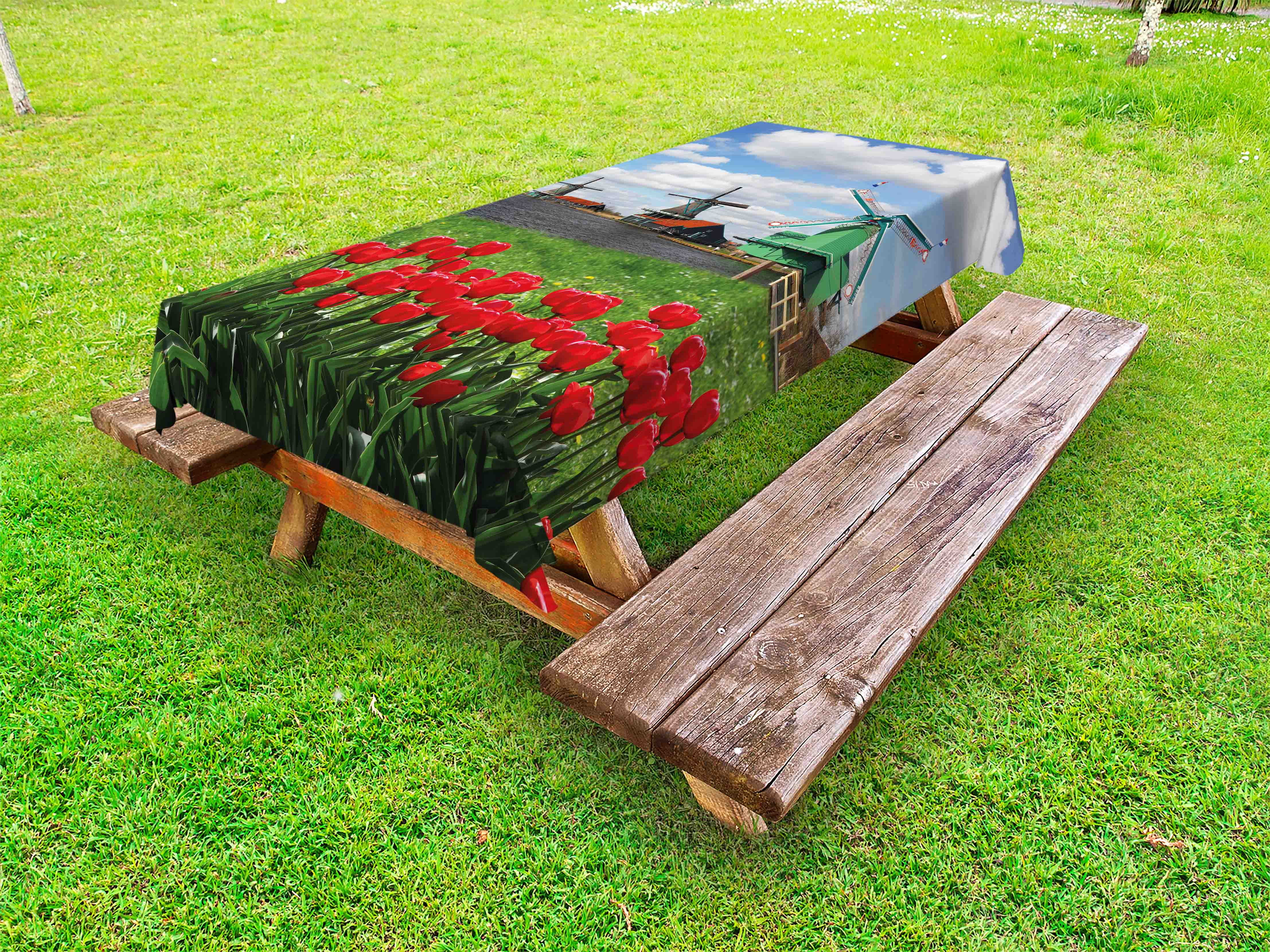Windmill Outdoor Tablecloth, Traditional Dutch Windmills with Red ...