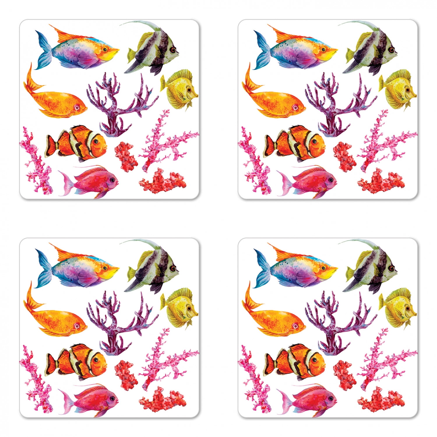Ocean Coaster Set of 4, Illustration of Tropical Fish Seaweed Coral ...