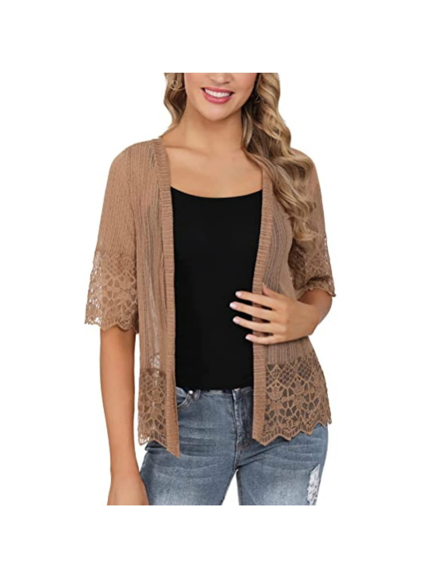 Youweixiong Women Casual Lace Sheer Shrug Crochet Cardigans Half Sleeve ...