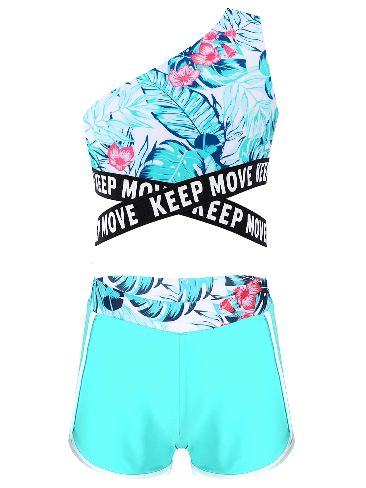 iEFiEL Girls 2Pcs Swimsuit Single Shoulder Criss Cross Waistline Swim ...