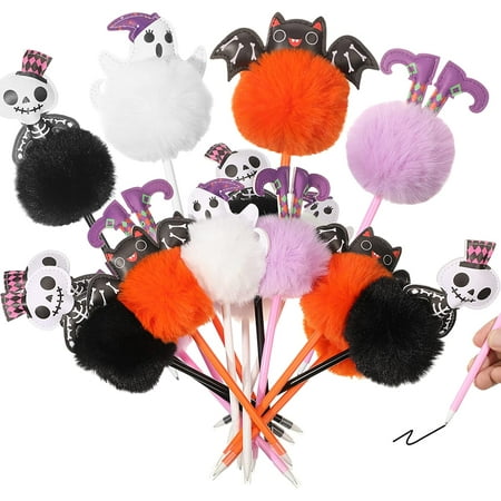 16 Pieces Halloween Pen Cute Plush Pompom Ballpoint Pen Ghost Bat 1.0mm ...