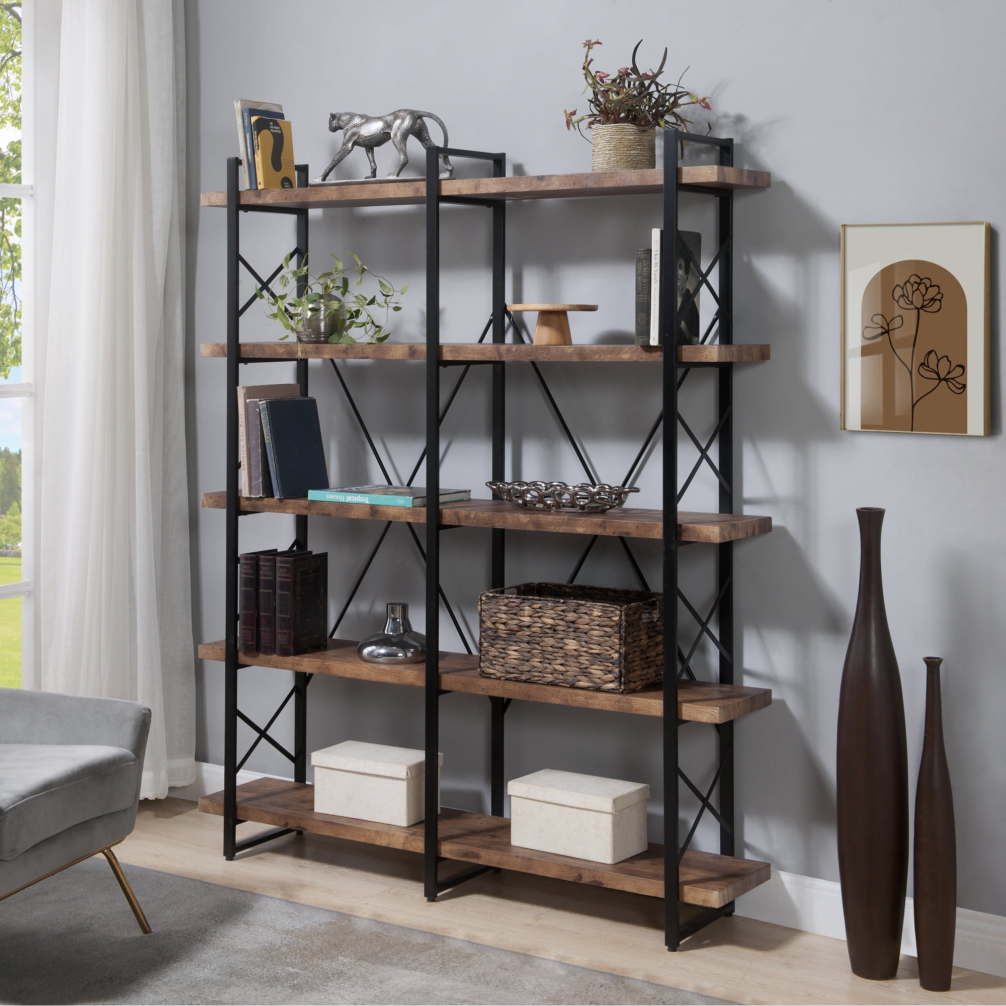 Pouseayar 5 Tier Industrial Bookshelf X Design Storage Rack , Brown ...