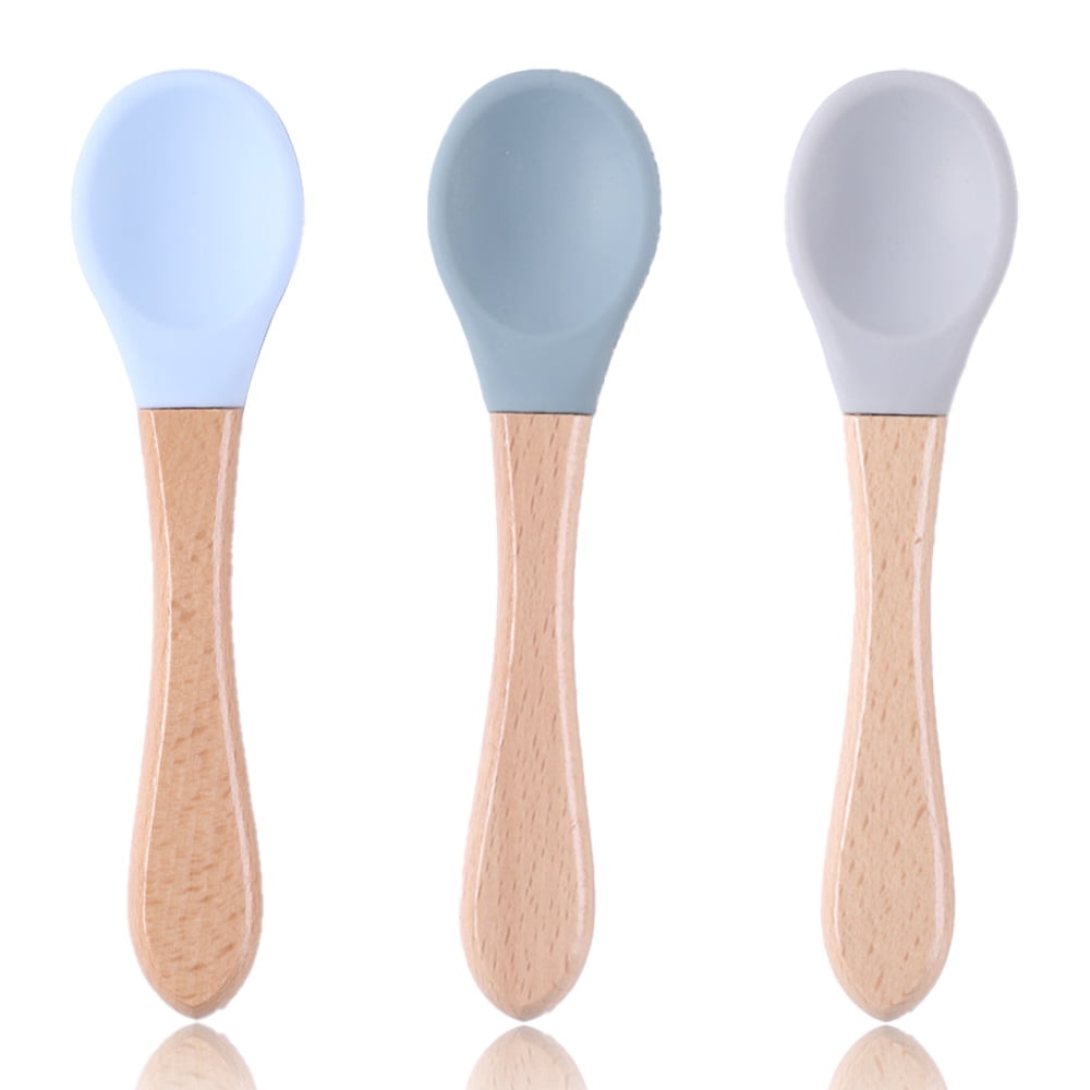 bamboo Baby Feeding Spoons with Soft Curved Silicone Tips for Toddlers ...