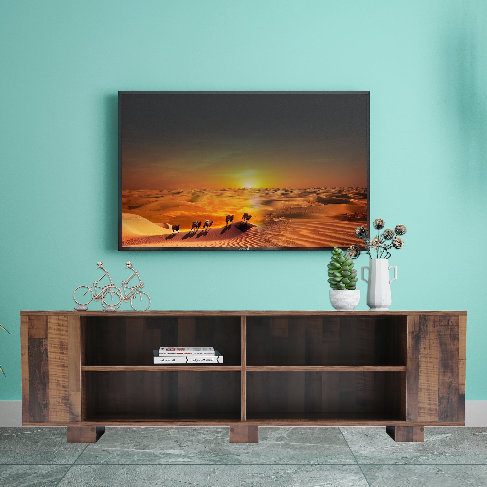 LOAOL 59 inch TV Stand for TVs up to 65", with 8 Open Shelves, Wooden ...