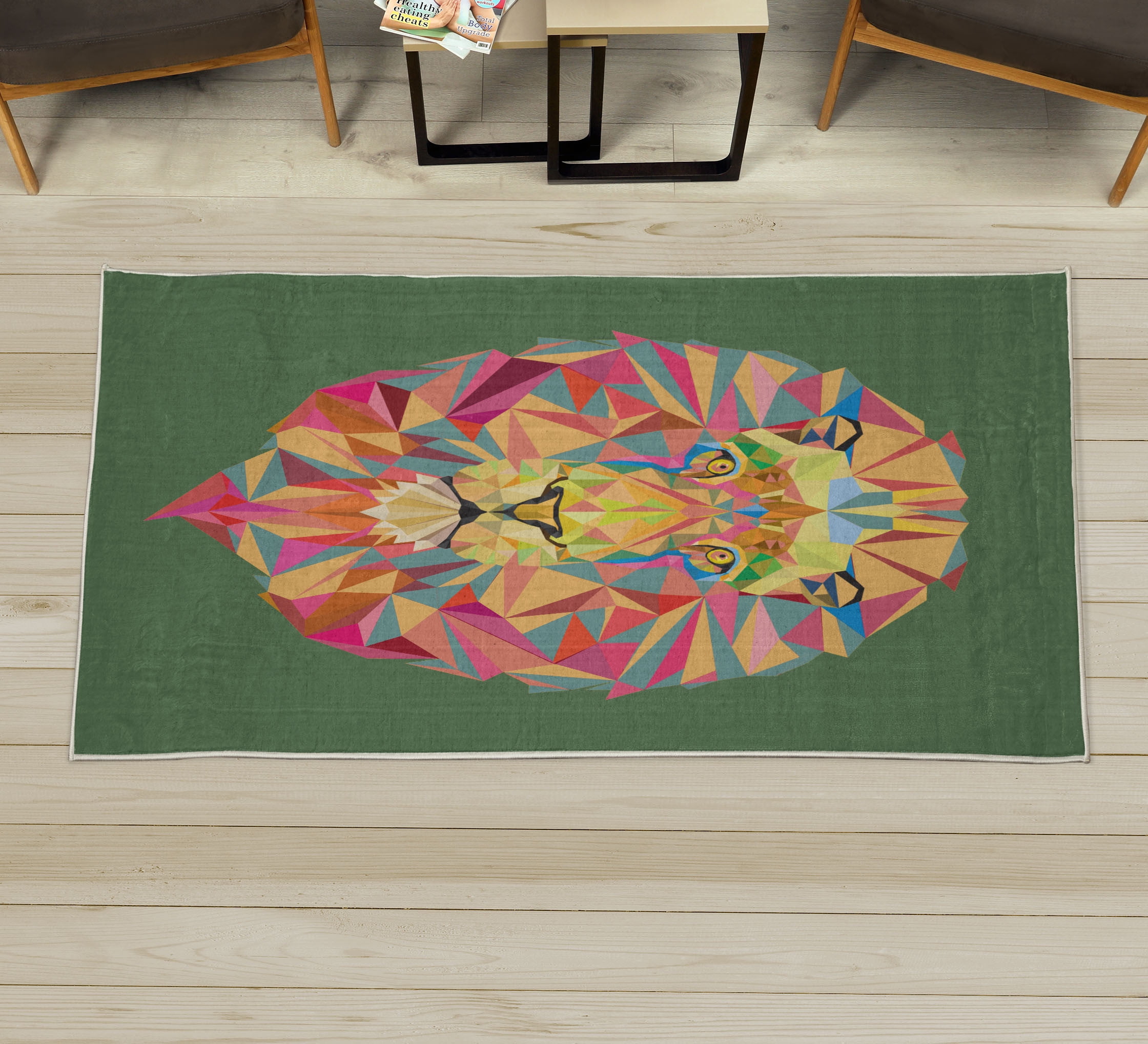 Zoo Decorative Rug, Colorful Animals Geometric Diamond Face Lions Mane ...