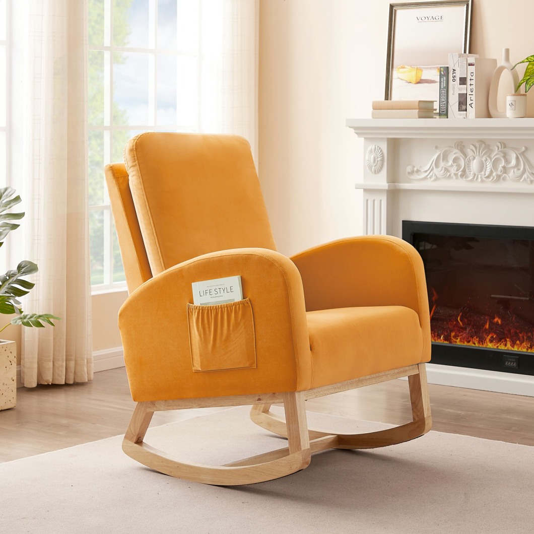 High Back Rocking Chair with Side Bags, Upholstered Glider Rocker Chair ...