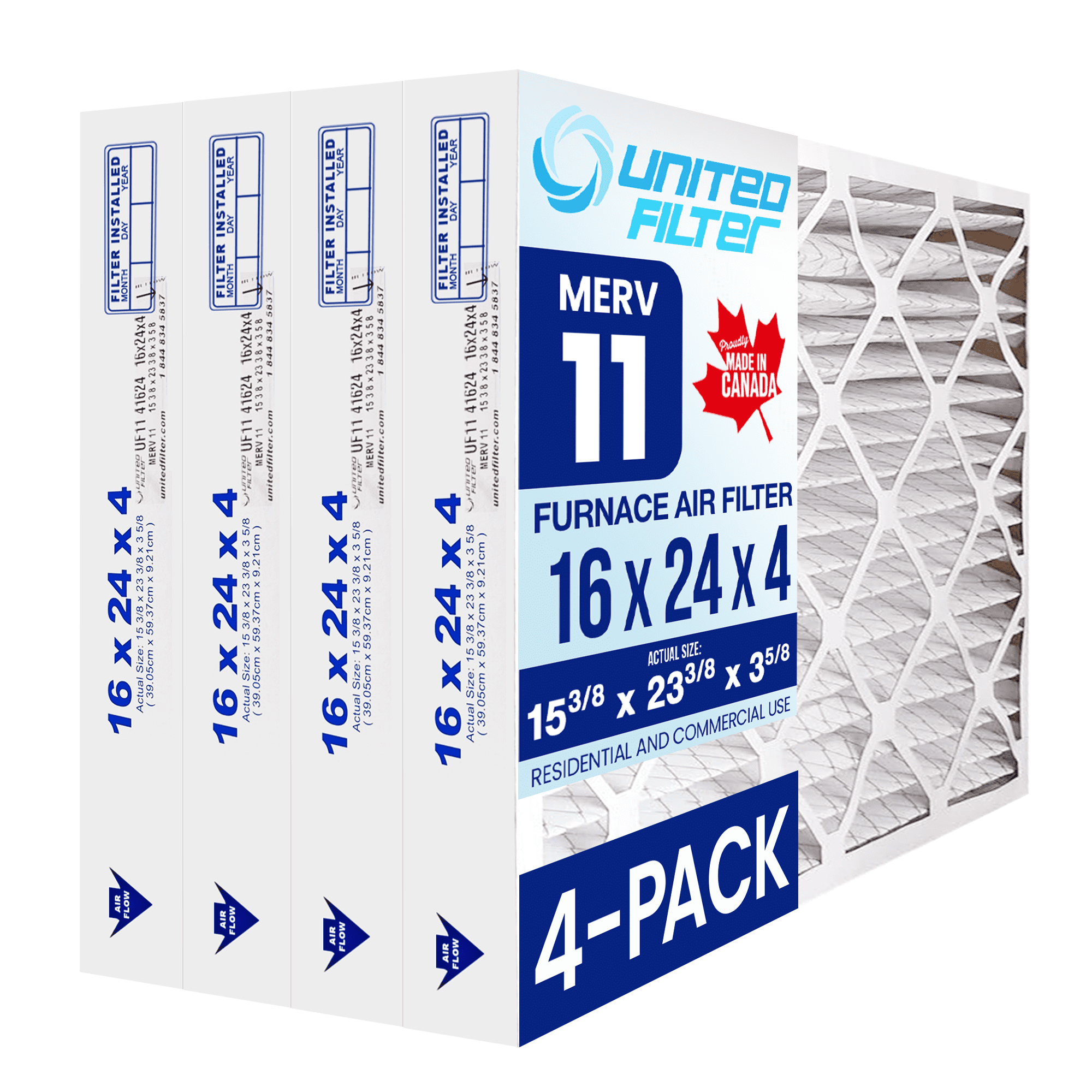 16x24x4 MERV 11 Pleated Furnace Filters (Actual Size 15-3/8 x 23-3/8 x ...