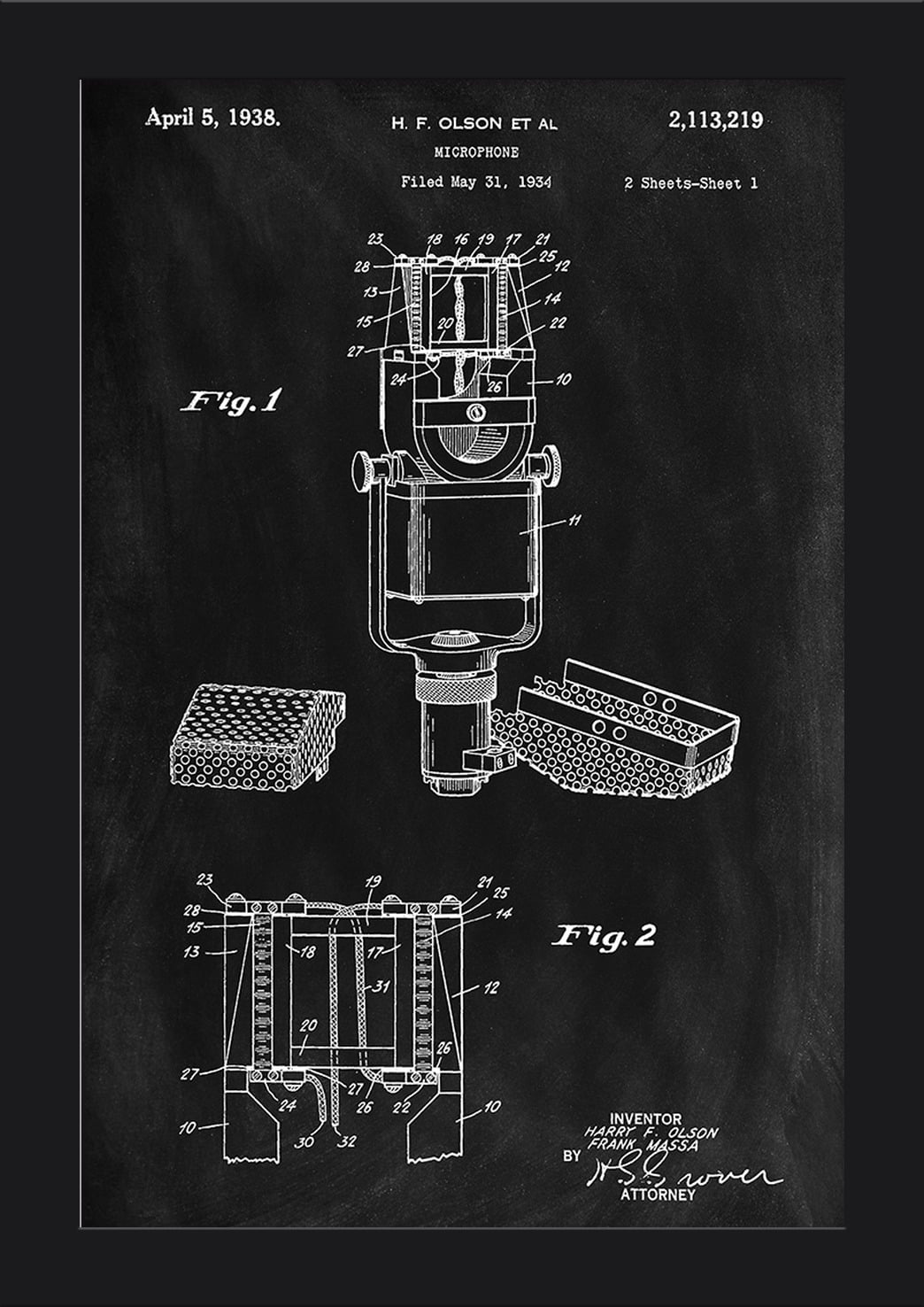 Blackboard Patent - Microphone - Lantern Press Artwork (12x18 Giclee ...