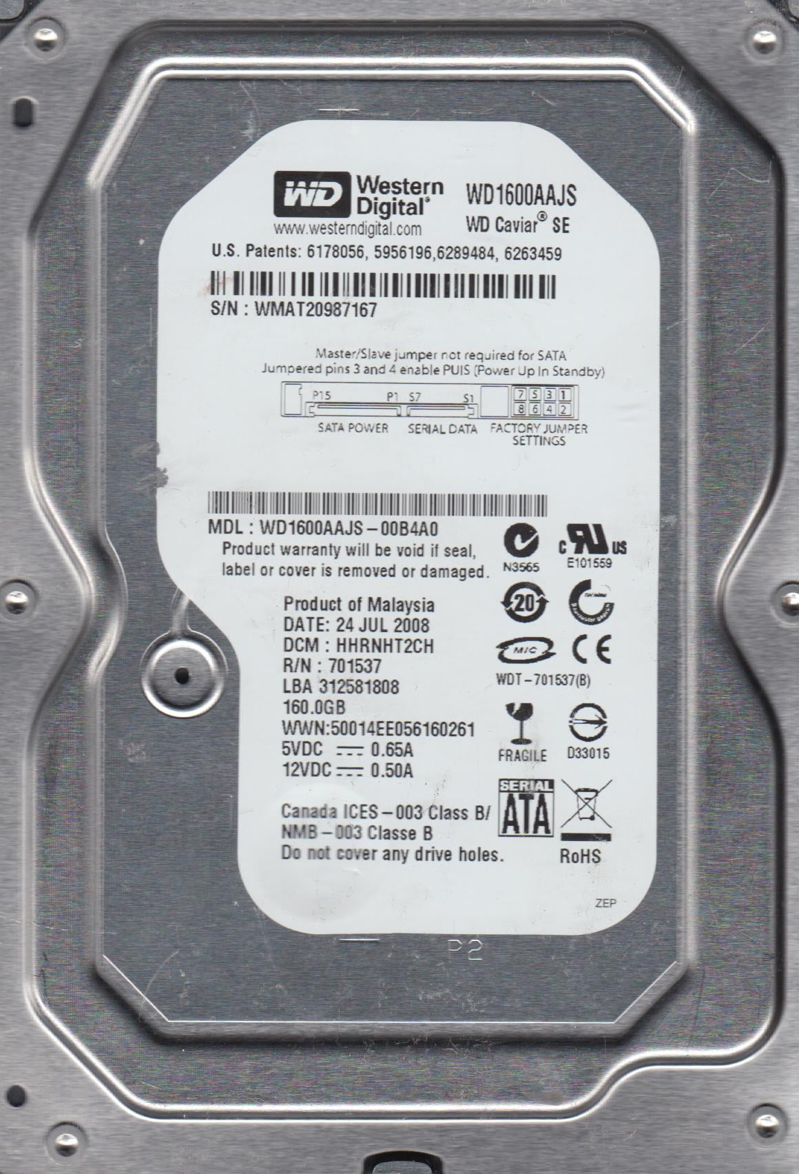WD1600AAJS-00B4A0, DCM HHRNHT2CH, Western Digital 160GB SATA 3.5 Hard ...