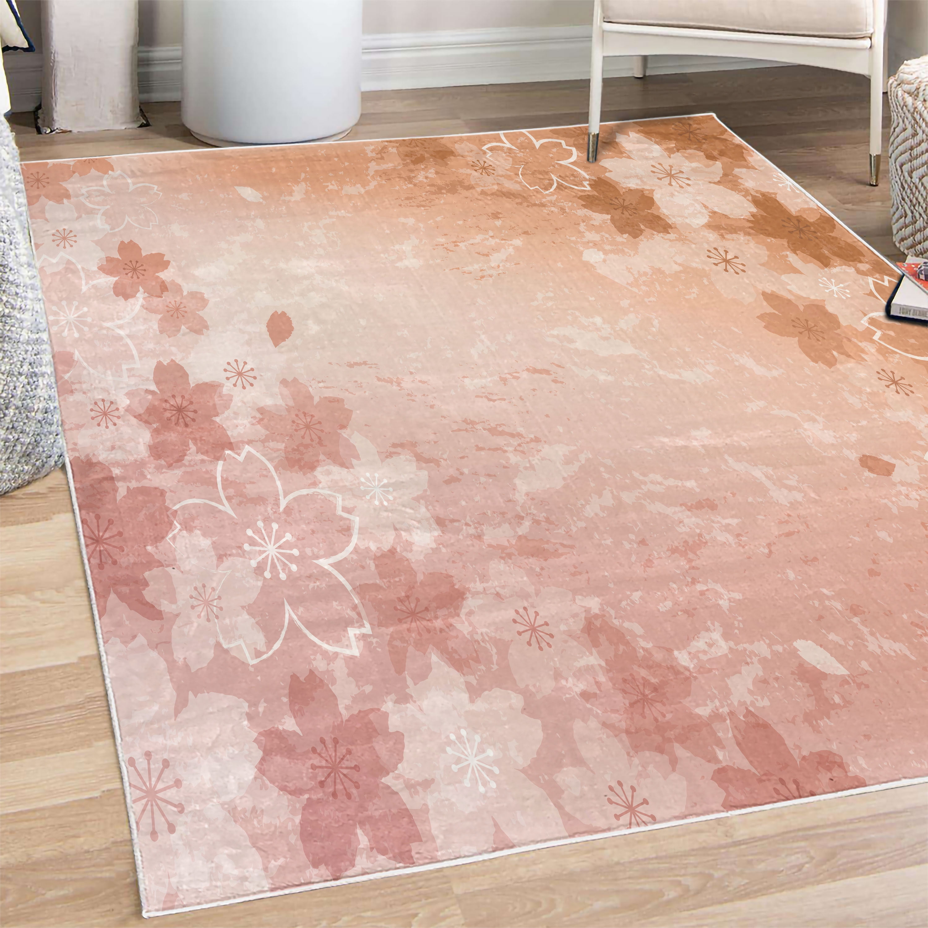 Nature Decorative Rug, Cherry Blossoms Pattern in Shabby Form Style ...
