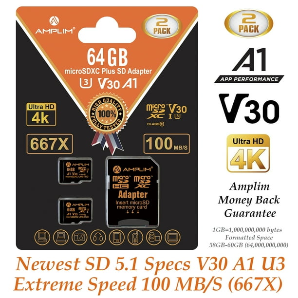 Amplim 64GB Micro SD Card, 2 Pack Extreme High Speed MicroSD Memory Plus Adapter, MicroSDXC U3 ...