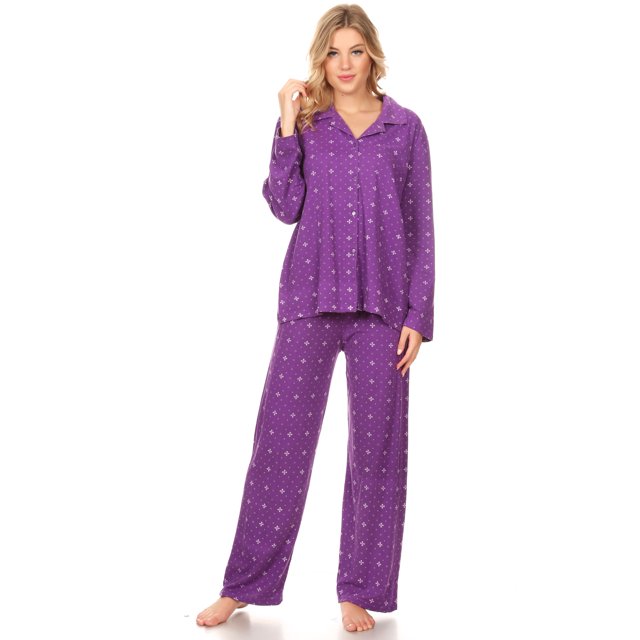 Z2152 Womens Sleepwear Pajamas Woman Long Sleeve Button Down Set Purple