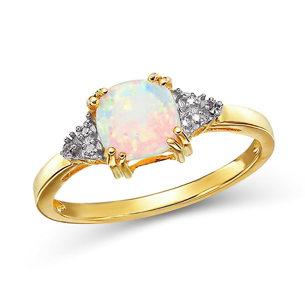 Jewelili - 10K Yellow Gold 6mm Cushion Created Opal w Natural Diamond ...