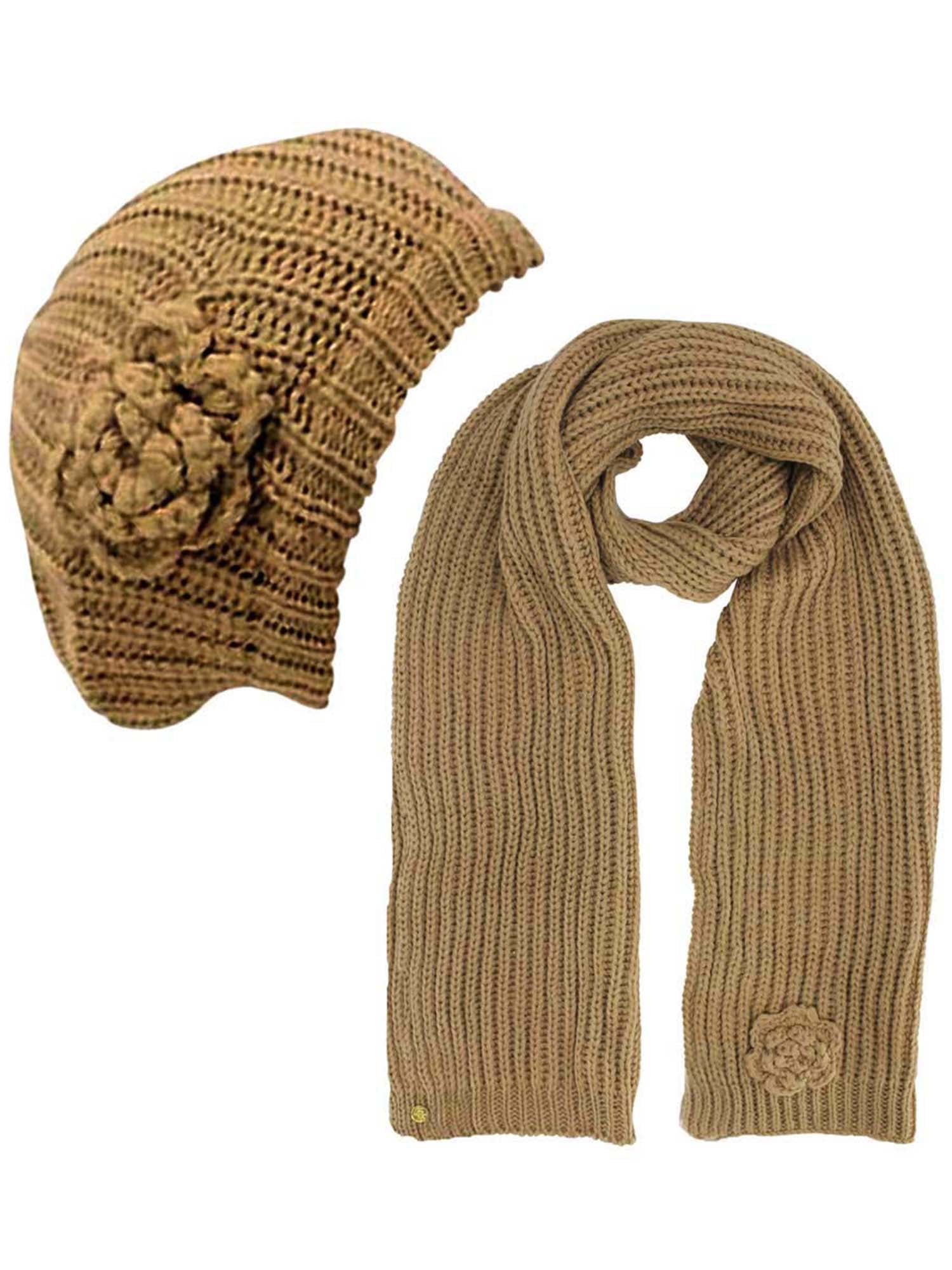 Beige Feminine Rosette Knit Beret Hat & Scarf Set - Walmart.com